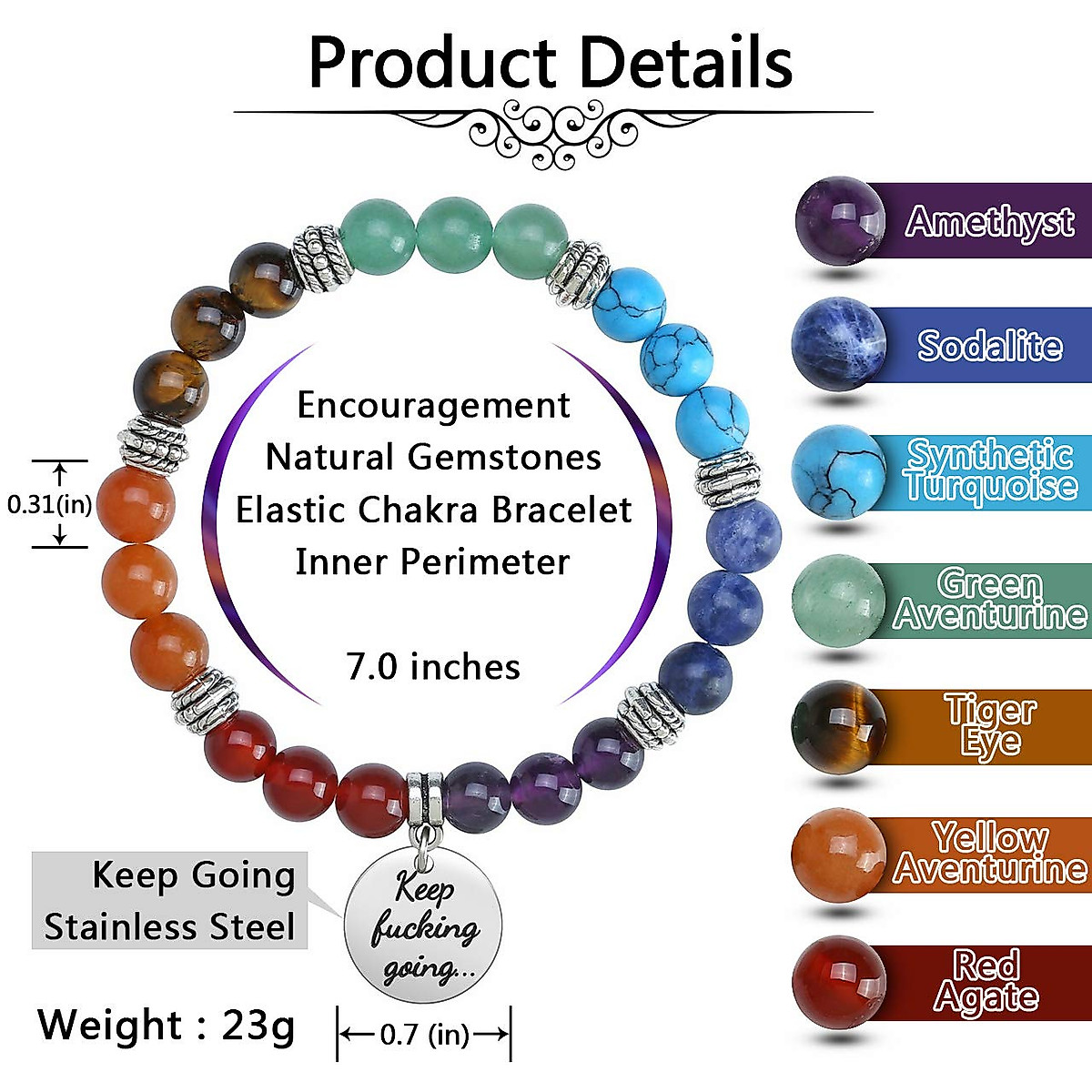 Top Plaza 7 Chakra Stone Bead Bracelets Yoga Reiki Healing Crystals Gemstone Beaded Bracelet Friendship Inspirational Message Charm Bracelet for Women Men - Keep Going