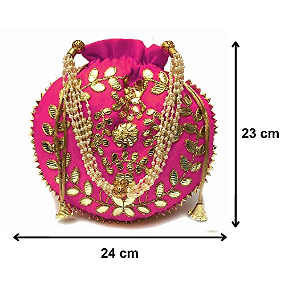 Ekavya Potli Bag Jewelry Coin Pouch Potli Bag Gota Patti Work Potli Bag Batwa Pearls Handle Purse Clutch Purse for Women (Hot Pink)