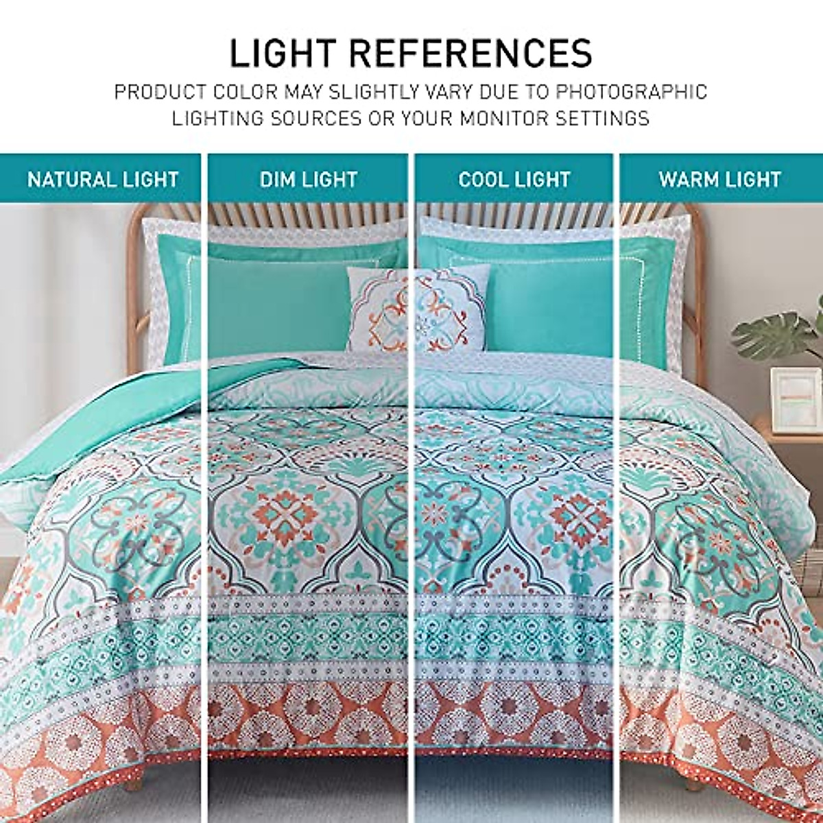 Degrees of Comfort Full Size Bed in A Bag,Aqua Boho Complete Comforter Set, Microfiber Bedding Sets with Side Pockets,Matching Decorative Pillow, 8 Piece