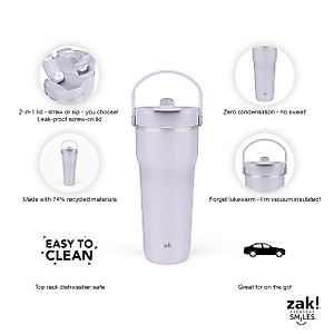 Zak Designs Harmony 2-in-1 Coffee Tumbler for Travel or At Home, 30oz Recycled Stainless Steel is Leak-Proof When Closed and Vacuum Insulated with Handle (Smoky Lilac Purple)