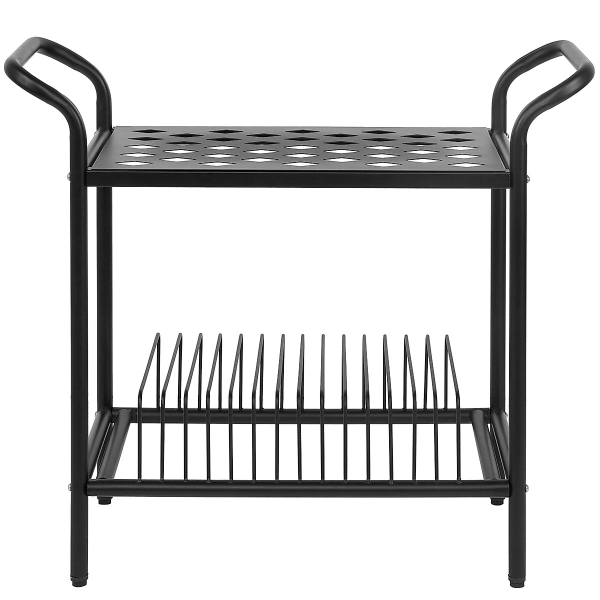 MyGift Modern Matte Black Metal Record Player Holder Stand with Vinyl Storage Organizer, Premium Quality 2 Tier Turntable Display Table Rack