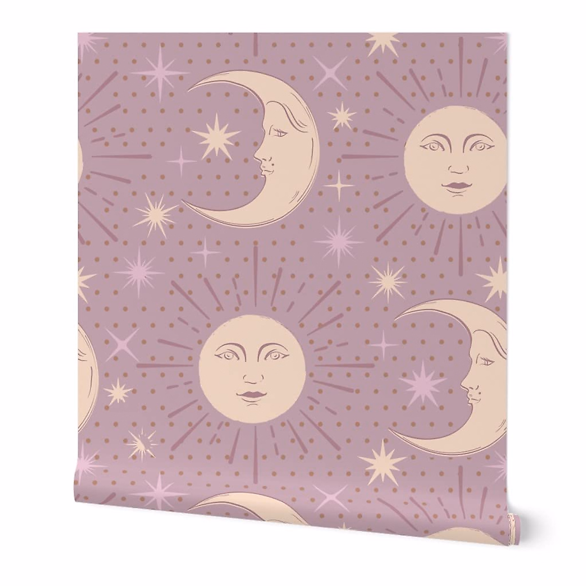 Peel & Stick Wallpaper Swatch - Purple Suns Boho Stars Mauve Celestial Moon Sky Custom Removable Wallpaper by Spoonflower