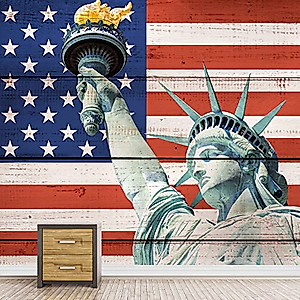 wall26 Removable Wall Sticker/Wall Mural Wood Panel Style American Flag Statue of Liberty International Global Digital Art United States Veteran for Living Room, Bedroom, Office - 66x96 inches