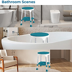 KSITEX Shower Stool Chair for Inside Shower, Upgrade Small Corner Plastic Stool for Seniors Adult, 360° Swivel Shower Stool Seat for Bathroom, 6-Level Adjustable Height Bath Chair Stools with Shelf