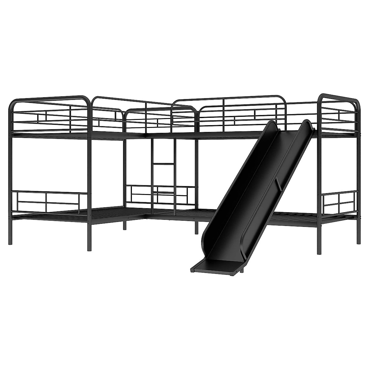 Twin Size L-Shaped Bunk Bed with Slide for 4, Metal Twin Bunk Bed Frame with Ladder, Bedroom Living Room