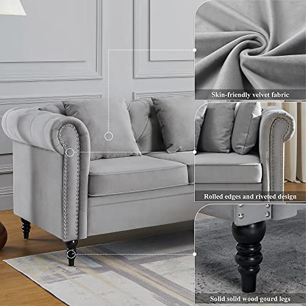 kinmars Chesterfield Sofa Velvet,3 Seater Couch Furniture,Couches for Living Room with Deep Button Tufting,Large Sofa with Rolled Arms (Grey)
