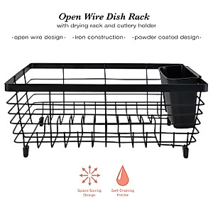 Kitchen Details Flat Wire Countertop or Over The Sink Dish Drying Rack with Cutlery Basket, Black