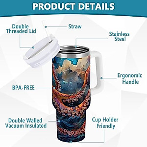 Blueangle 40 oz Red Octopus Tumbler with Handle and Straw Lid, Insulated Cup Reusable Stainless Steel Water Bottle Travel Mug