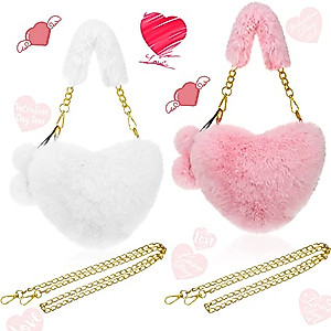 2 Pieces Furry Purse Soft Fluffy Faux Fur Heart Handbags for Women Girls Cute Christmas Valentines Day Gift (White, Pink)