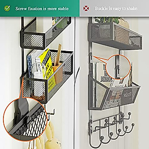 AMOOSON Over The Door Hooks Organizer Hanger, Coat Hooks Towel Rack with 2 Mesh Basket 5 Hooks Hanging Storage Spice Rack for Bathroom Bedroom Kitchen Over The Door Storage Organizer, Black