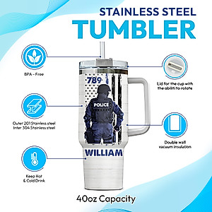 Hyturtle Personalized Police Tumbler Custom Name and Number Thin Blue Line Gifts For Men Police Officer 40 Oz Tumbler With Lid And Straw Birthday Christmas Stuff For Police Officers