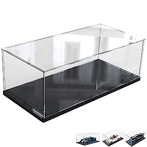 Thickened Clear Acrylic Display Case for Lego 42154 10295 42176 42170 75376 10317 Collectibles, Transparent Box Dustproof Protection with Wood-Plastic Base & String Light, Black Inside 15.7x7.9x7.9in