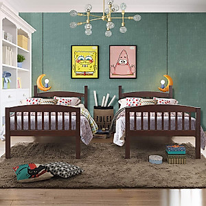 Costzon Twin Over Twin Bunk Beds, Convertible Into Two Individual Solid Rubberwood Beds, Children Twin Sleeping Bedroom Furniture w/Ladder and Safety Rail for Kids Boys & Girl (Espresso)