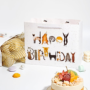 Crisky 13" Large Cat Happy Birthday Gift Bag with Tissue Paper and Card for Girls Kids Adults Women Birthday Party