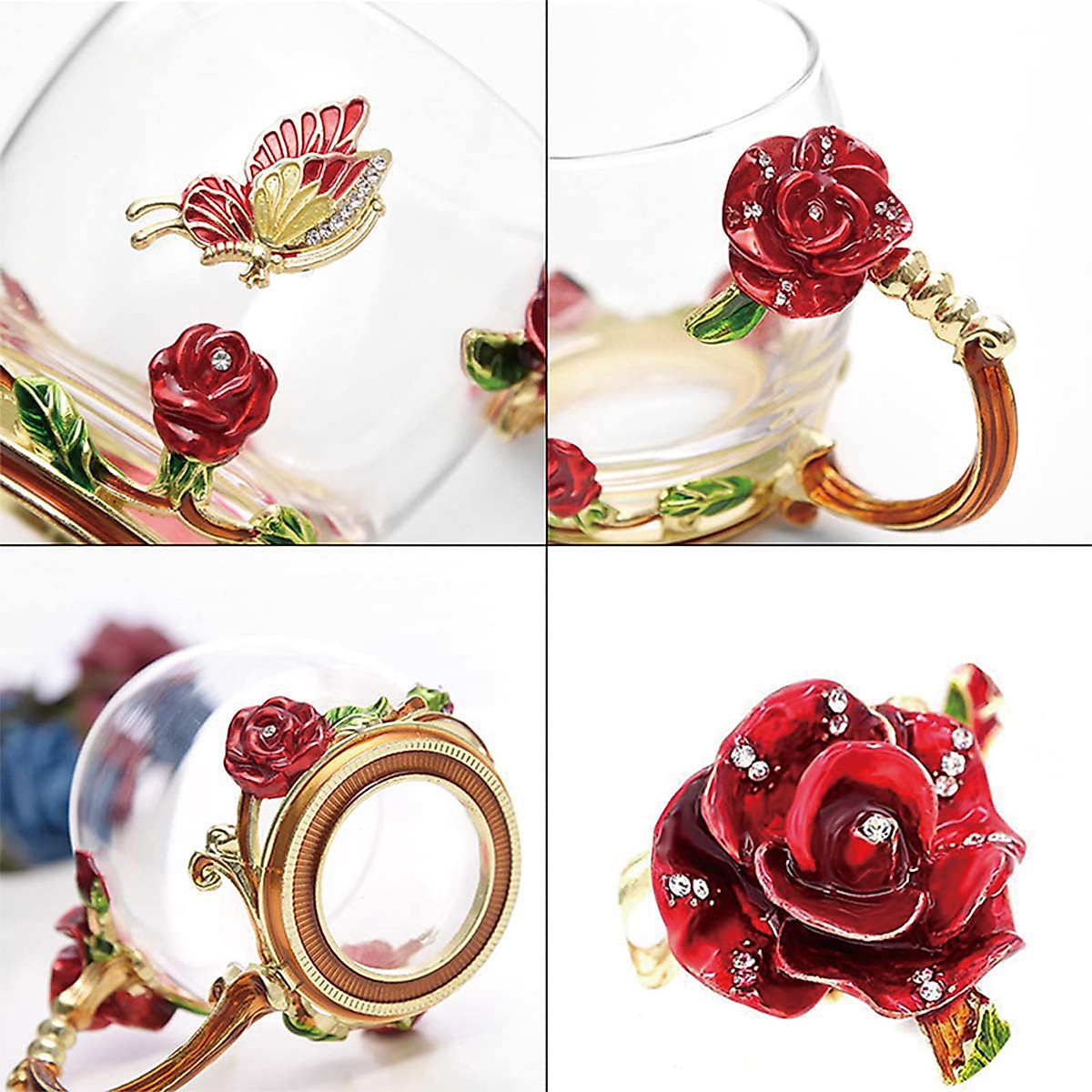 Vos Risus Glass Coffee Mug Enamels Butterfly Rose Lead-Free Handmade Tea Cup with Steel Spoon Birthday Present Mothers Day Valentines Day Thanksgiving Christmas Gifts (Red Short)