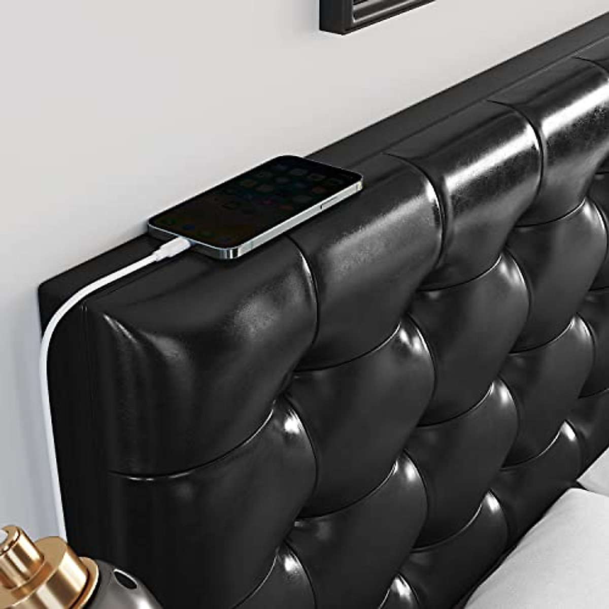 Yaheetech Queen Size Bed Frame, Metal Platform Bed with Faux Leather Height-Adjustable Headboard/12 Inch Underbed Storage/Noise Free/No Box Spring Needed/Industrial Pipe Foot End, Elegant Black