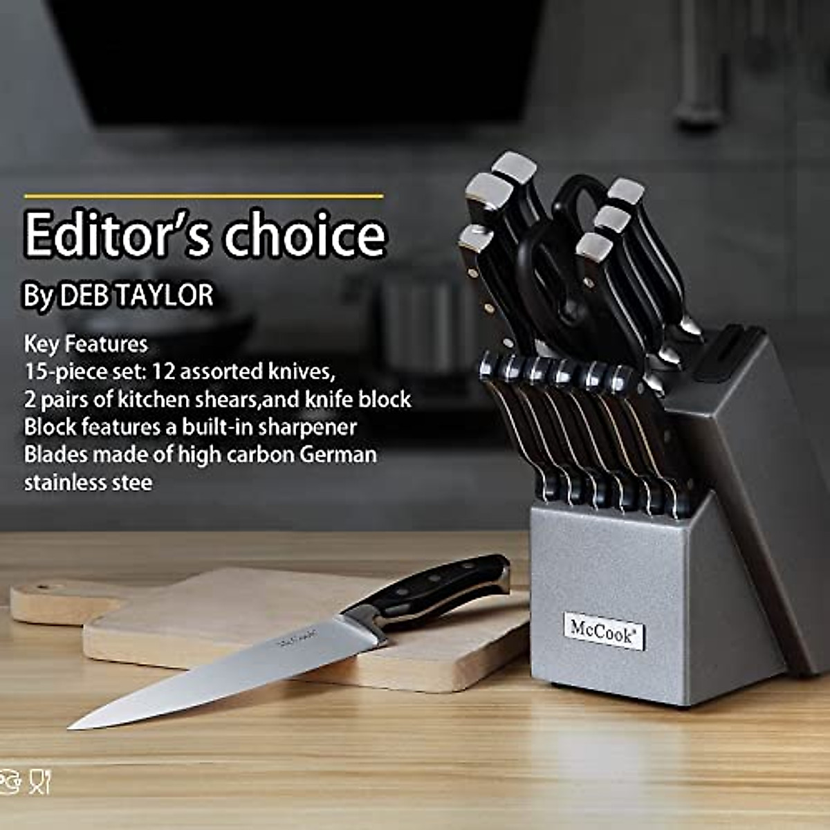 McCook® MC25A Knife Sets,15 Pieces German Stainless Steel Kitchen Knife Block Set with Built-in Sharpener