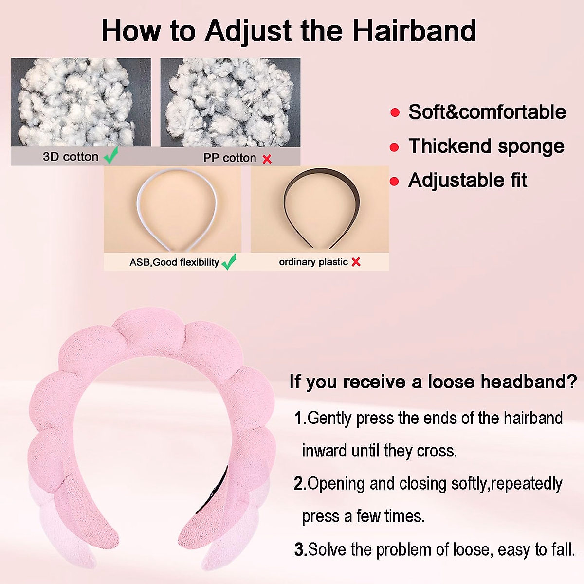 Ruiwen Hair Spa Headband for Washing Face, 3 Pink+Light Green Terry Cloth Headbands, Facial Exfoliator, Face Scrubber, Bubble Soft Puffy Skincare Headbands for Makeup Removal, Women's Product