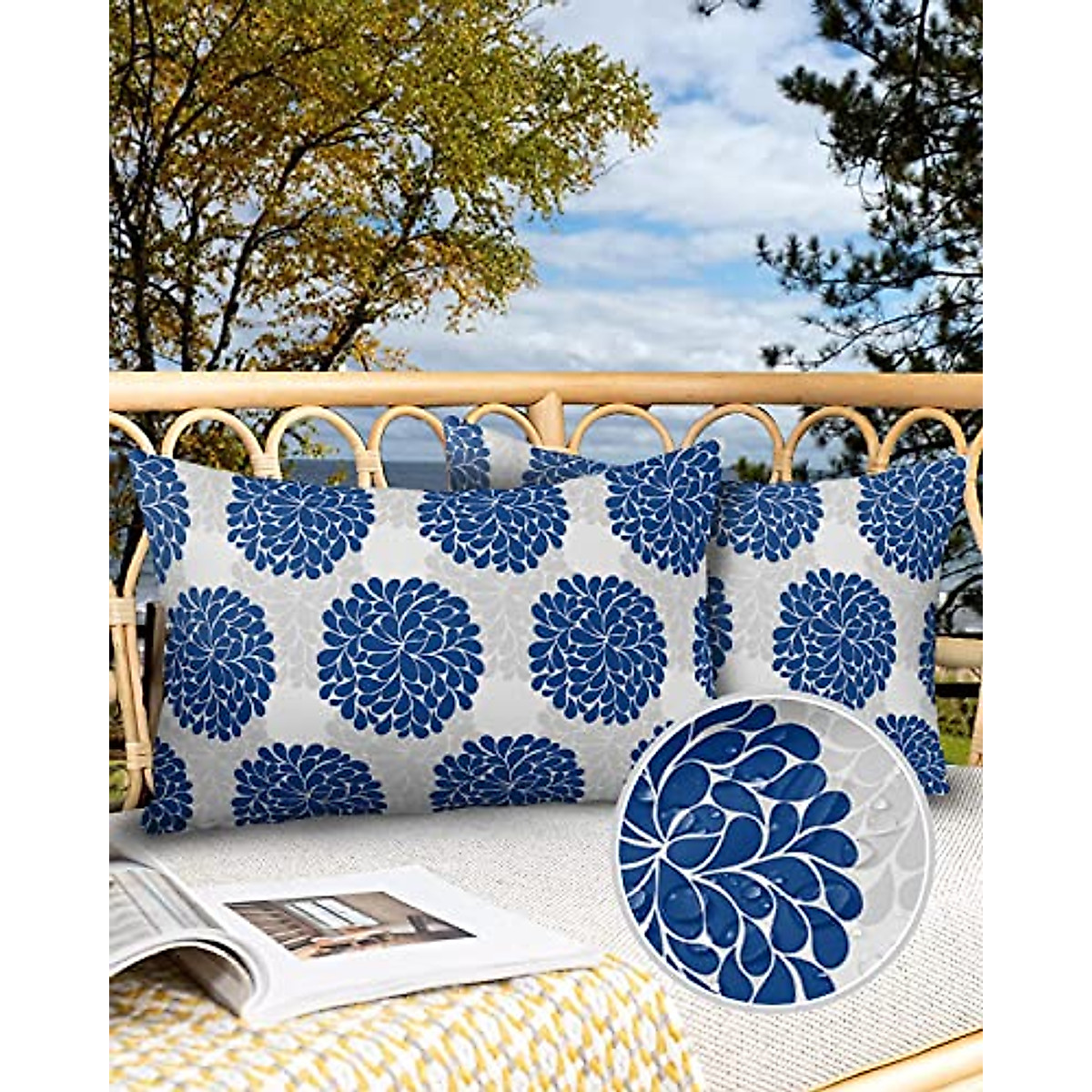 Waterproof Outdoor Throw Pillow Cover Hydrangea Flowers Lumbar Pillowcases Set of 2 Blue Grey Floral Decorative Patio Furniture Pillows for Couch Garden 20 x 12 Inches