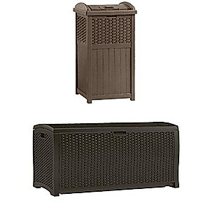 Suncast GHW1732 Resin Wicker Trash Hideaway and Resin Deck Box Bundle