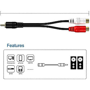 RCA 1 Male to 2 Female Audio Speaker Y Adapter Splitter Cable with OFC Conductor Dual Shielding Gold Plated Metal Shell Flexible PVC Jacket - 2 Pack / 0.6FT
