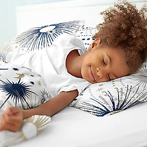 Sweet Jojo Designs Star and Moon Boy or Girl Full/Queen Bedding Set Kids Comforter Childrens Size - 3 Pieces - Navy Blue, Gold, and Grey Celestial Sky Stars Gender Neutral Unisex