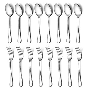 E-far 16-Piece Dinner Forks and Spoons, Stainless Steel Silverware Flatware Eating Utensils Set for Home Kitchen Restaurant, Food Grade Metal & Simple Design, Mirror Finish & Dishwasher Safe, 8 Inch