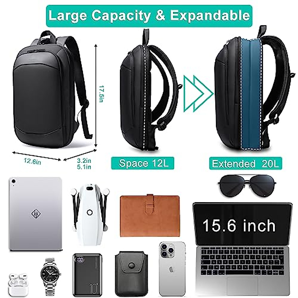 Slim Laptop Backpack for Men 15.6 inch,Waterproof Anti Theft Business Travel Backpack for Men and Women,Lightweght Expandable Durable College Backpack Weekend Casual Daypack Computer Work Laptop Bag