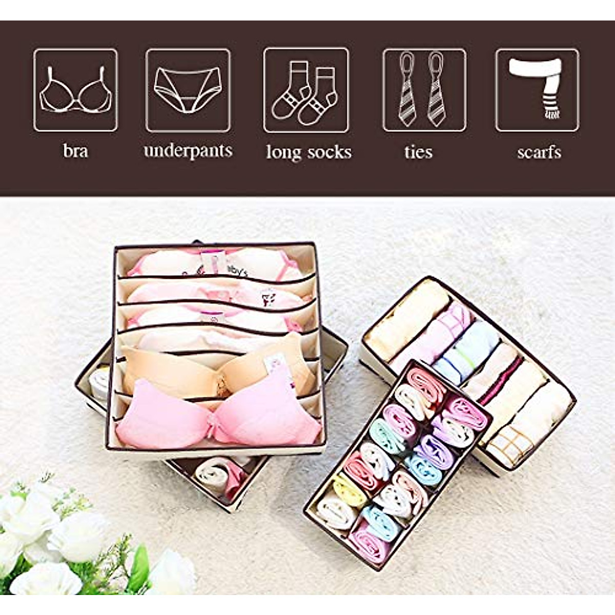 HOOPLE Foldable Organizers, Drawer Storage Boxes, Closet Organizer, Under Bed Organizer 4 Set Simple Houseware (White)