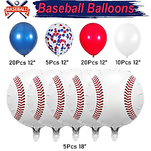 60 Pcs Baseball Theme Decoration, Navy Blue Red White Confetti Balloons with Baseball Foil Balloons for Baseball Theme Birthday Baby Shower Decoration