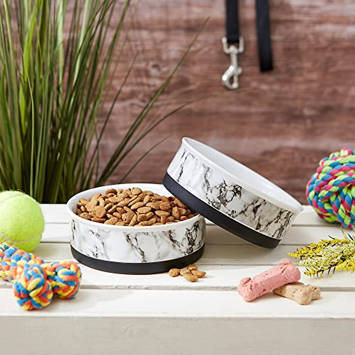 Bone Dry Pet Bowl Collection Ceramic Set, Medium, Marble, 2 Count White