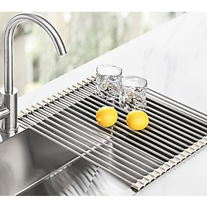 Tomorotec 17.7" x 15.5" Roll Up Dish Drying Rack Over Sink Drying Rack Sink Cover Kitchen Sink Accessories Gadget Multipurpose Organizer Foldable Stainless Steel Drainer