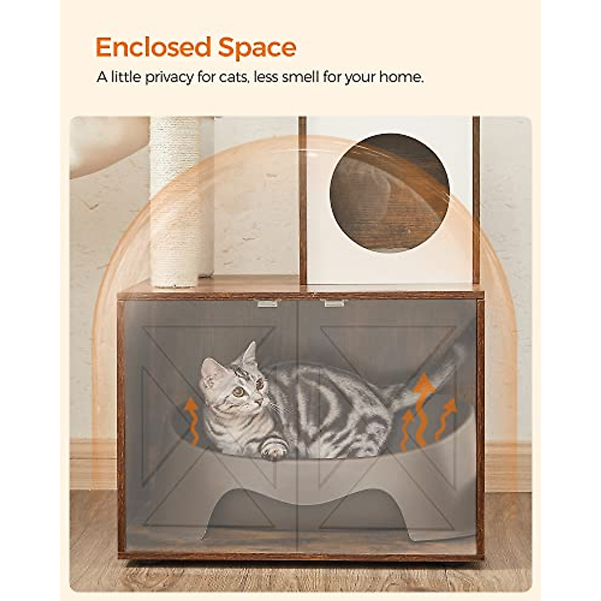 Feandrea WoodyWonders Cat Tree with Litter Box Enclosure, 2-in-1 Modern Tower, Furniture Hidden, Cat Condo with Scratching Posts, Removable Pompom Sticks, Rustic Brown UPCT113X01