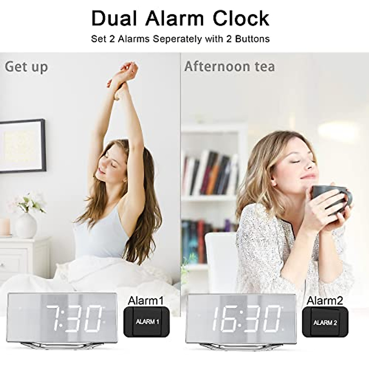 Alarm Clock for Heavy Sleepers Adults, 8.7'' Large Led Digital Mirror Alarm Clock with USB Charger, Vibrating Alarm Clock with Bed Shaker, Battery Backup Snooze Dual Alarm Dimmer, for Teens Adults