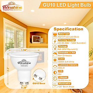 winshine GU10 LED Bulb, 50W Halogen Equivalent Light Bulbs, 3000K Warm White 2 Prong Base GU10 Bulb, LED Halogen Replacement Bulbs for Recessed Track Light 120V 550LM 120 Degree, Non-Dimmable 6 Pack