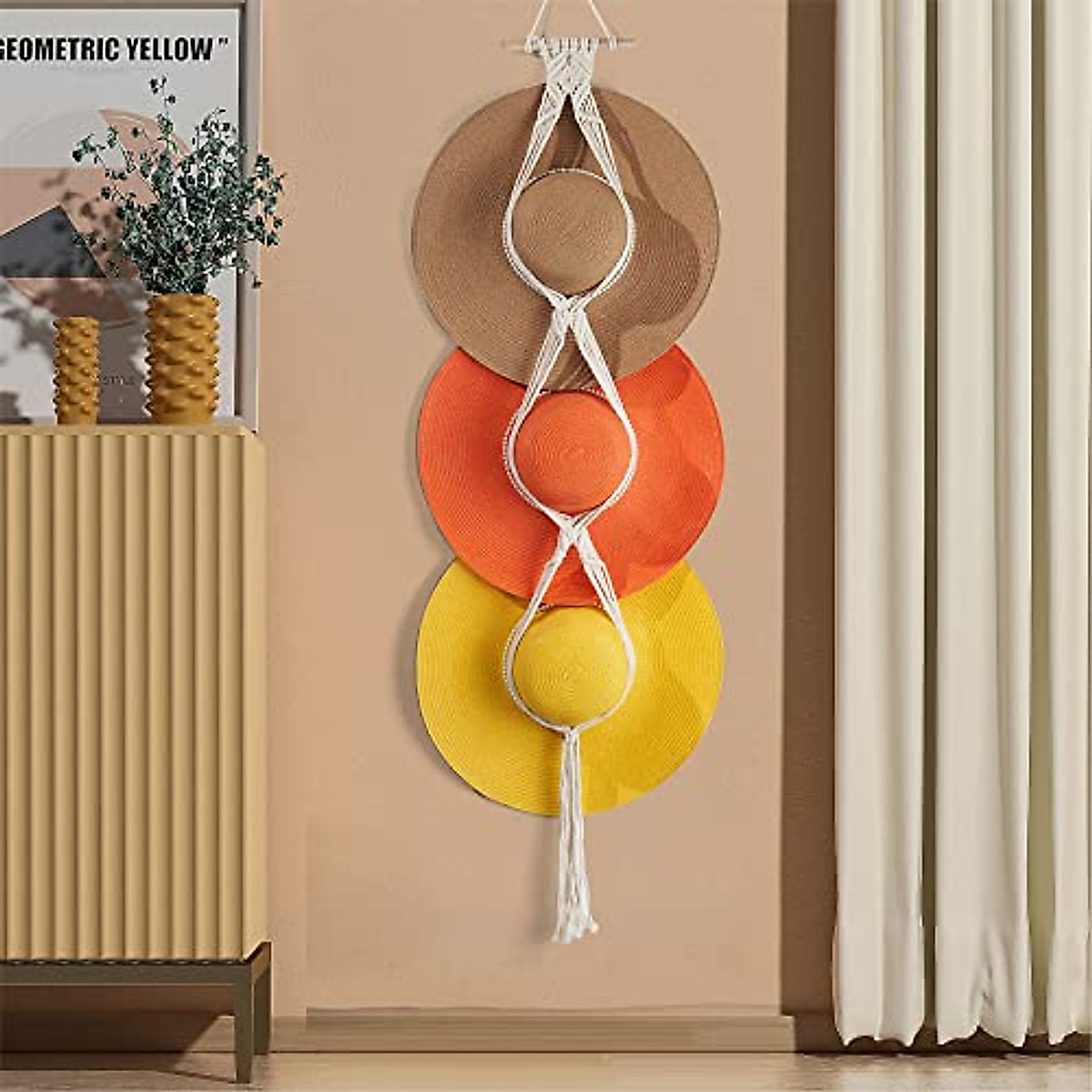 Boho Hat Hangers for Wall, Hat Organizer, Wall Hanging Hat Holder, Bohemian Hand Weaving Hat Storage and Hat Display for Straw Hats and Wide Brim Hats, Decorative Hat Rack for Closet and Door (WHITE)