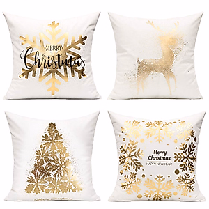All Smiles White Gold Christmas Decorations Throw Pillow Covers 18X18 Set of 4 Winter Xmas Navidad Home Holiday Décor Velvet Cushion Cases for Sofa Tree Snowflake Reindeer