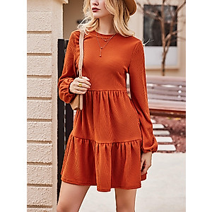 CUPSHE Women's Knitted Dresses Casual Long Sleeve Crew Neck Flowy Tiered Burnt Orange