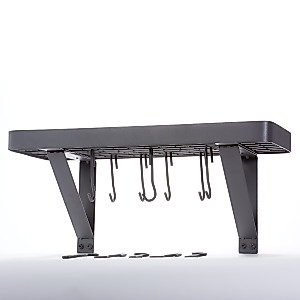 Old Dutch Graphite Wall Mount Bookshelf Grid & 8 Pot Rack with Hooks