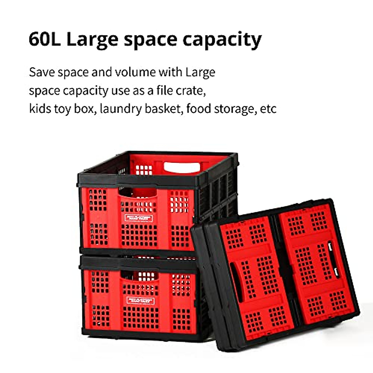 ROTIHOMESYS 60L Collapsible Storage Bins - Durable Plastic Folding Utility Crates, Solid Wall Stackable Containers, Collapsible Laundry Black Baskets for home improvement, No Lid