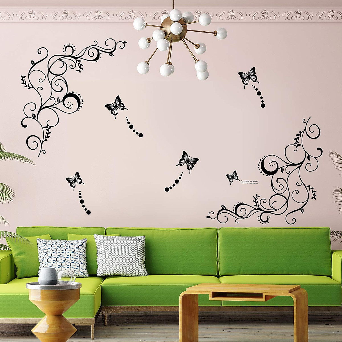 RW-051 Removable Black Vinyl Flower Vines Wall Decal Butterfly Wall Stickers Floral Wall Decor 3D Peel and Stick Art for Girls Bedroom Nursery Living Room Kids Babys Rooms Home Wall Decoration (B)