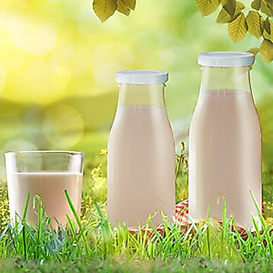 YEBODA 11oz Glass Milk Bottles with Reusable Metal Twist Lids and Straws for Beverage Glassware and Drinkware Parties, Weddings, BBQ, Picnics, Set of 9