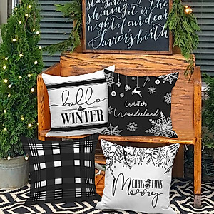 Lanpn Hello Winter Merry Christmas Throw Pillow Covers 20x20 Set of 4, Decorative Black and White 20 inch Xmas Holiday Cushion Pillow Cases Home Outside Porch Decor Decorations