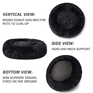 Patas Lague Calming Dog Bed for Small Dogs, Fluffy Soft Cozy Cat Bed, Faux Fur Anti-Anxiety Plush Washable Pet Donut Cuddler for All Seasons 20IN, Black