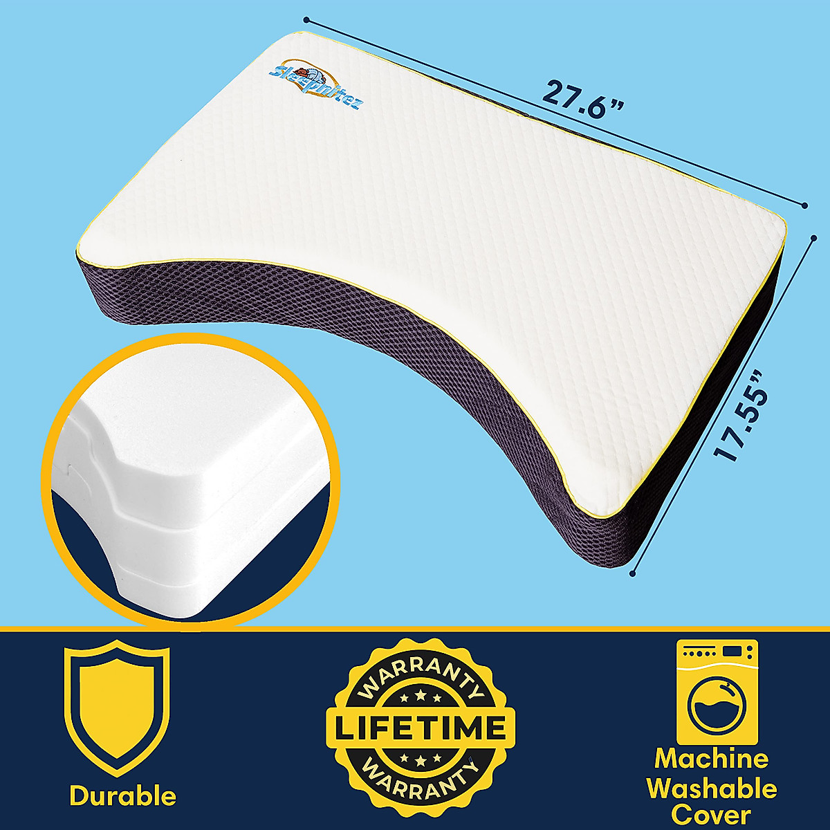 Sleepnitez Back and Side Sleeper Pillow for Neck and Shoulder Pain Cervical Neck Pillow with 3 Layers of Memory Foam Side Sleeping Pillow with Washable Tencel Cover