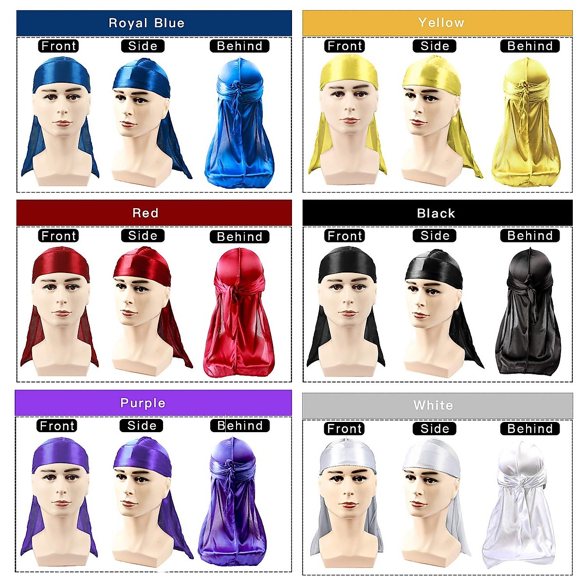 BIGEDDIE 6 Pcs Silky Durags and 1 Pcs Wave Cap Silky Durag Pack Durags for Men Waves (purple, blue, yellow, black, white, red)