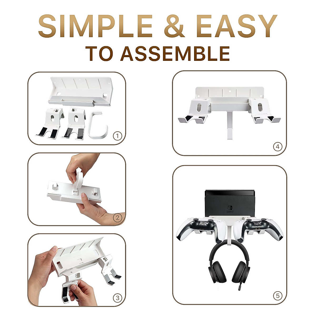 STORAGBT Wall Mount Stand Bundle for Nintendo Switch, Bracket Holder for Swith & Switch Oled, with Controller Wall Mount, Headphone Holder, Space Saving(White)