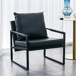 SPOFLYINN Furniture Soft Upholstered Armchair-Modern Metal Frame Pu Leather Accent Chair with Extra-Thick Padded Backrest & Seat for Home, Office, Living Room, Bedroom-Comfortable & Durable Black