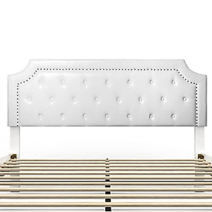 BONSOIR Bed Frame Upholstered Low Profile Platform Bed with Tufted Faux Leather Headboard/No Box Spring Needed/No Bed Skirt Needed (White, Queen Size)