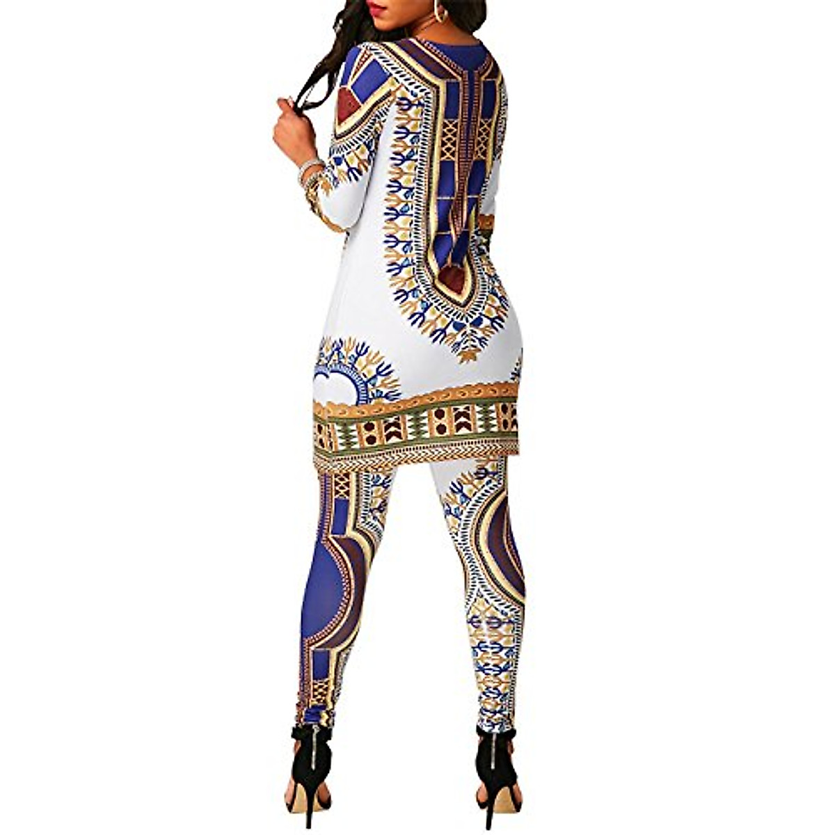cnFaClu Women's Ethnic African Print Ethinc Floral Tunic Top Shirt Dress and Long Pants Set Tribal Suits 2 Pieces Outfit White XL